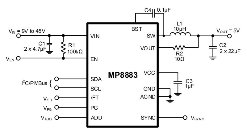 MP8883 | 45V, 3A, High-Efficiency, Digital, Configurable, Synchronous Step-Down Converter with ...